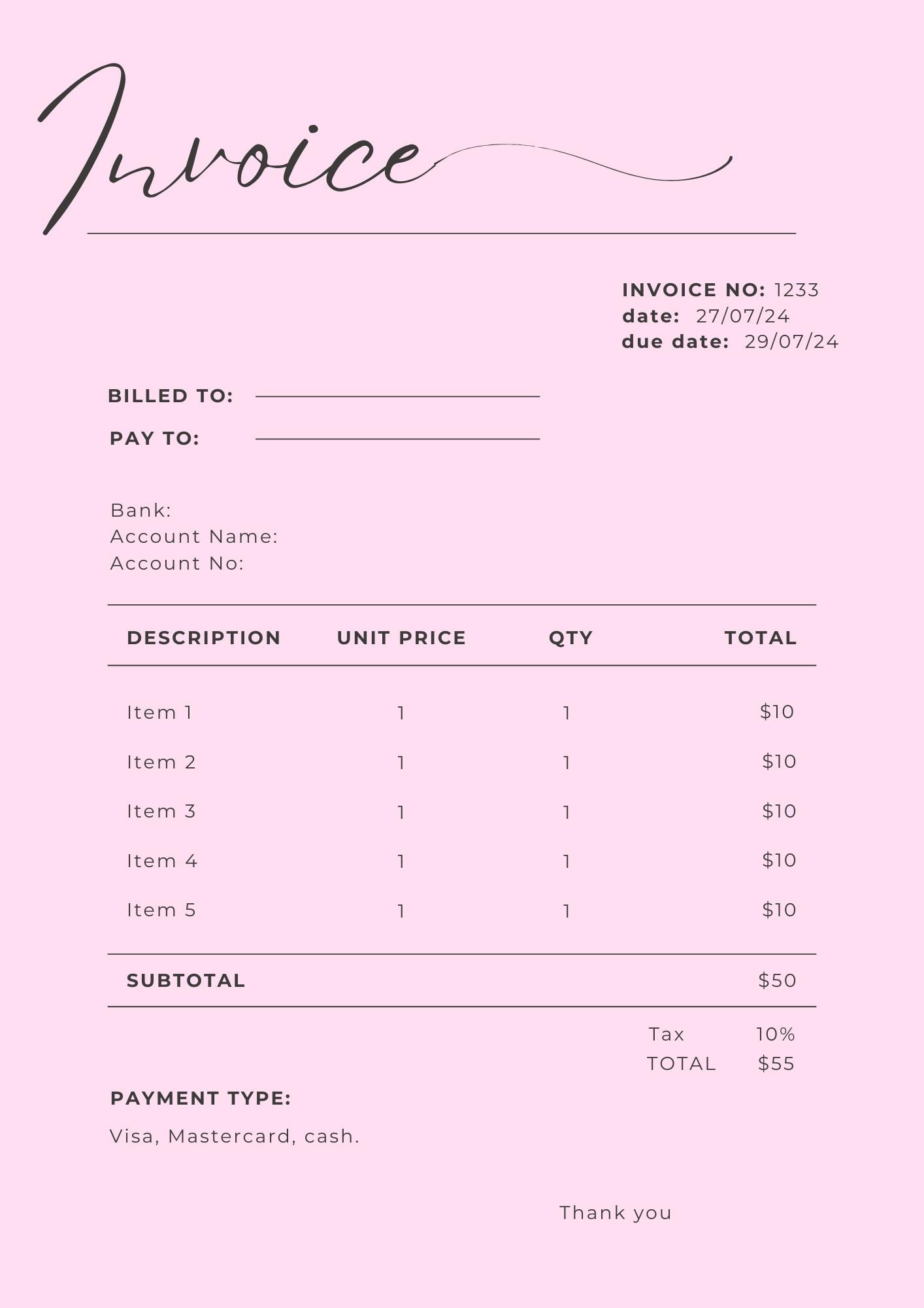 Invoice. Aesthetic Invoice Template for Small Bussinesses: for Example ...