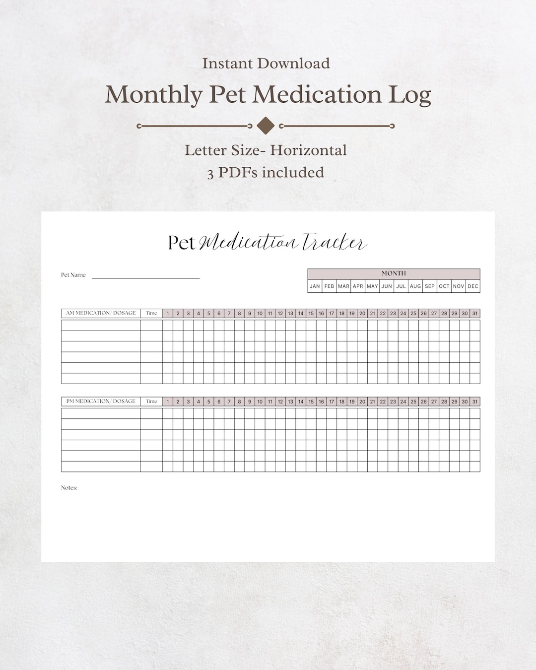 Monthly Pet Medication Tracker, Printable, Pill Tracker, Pet Medication ...