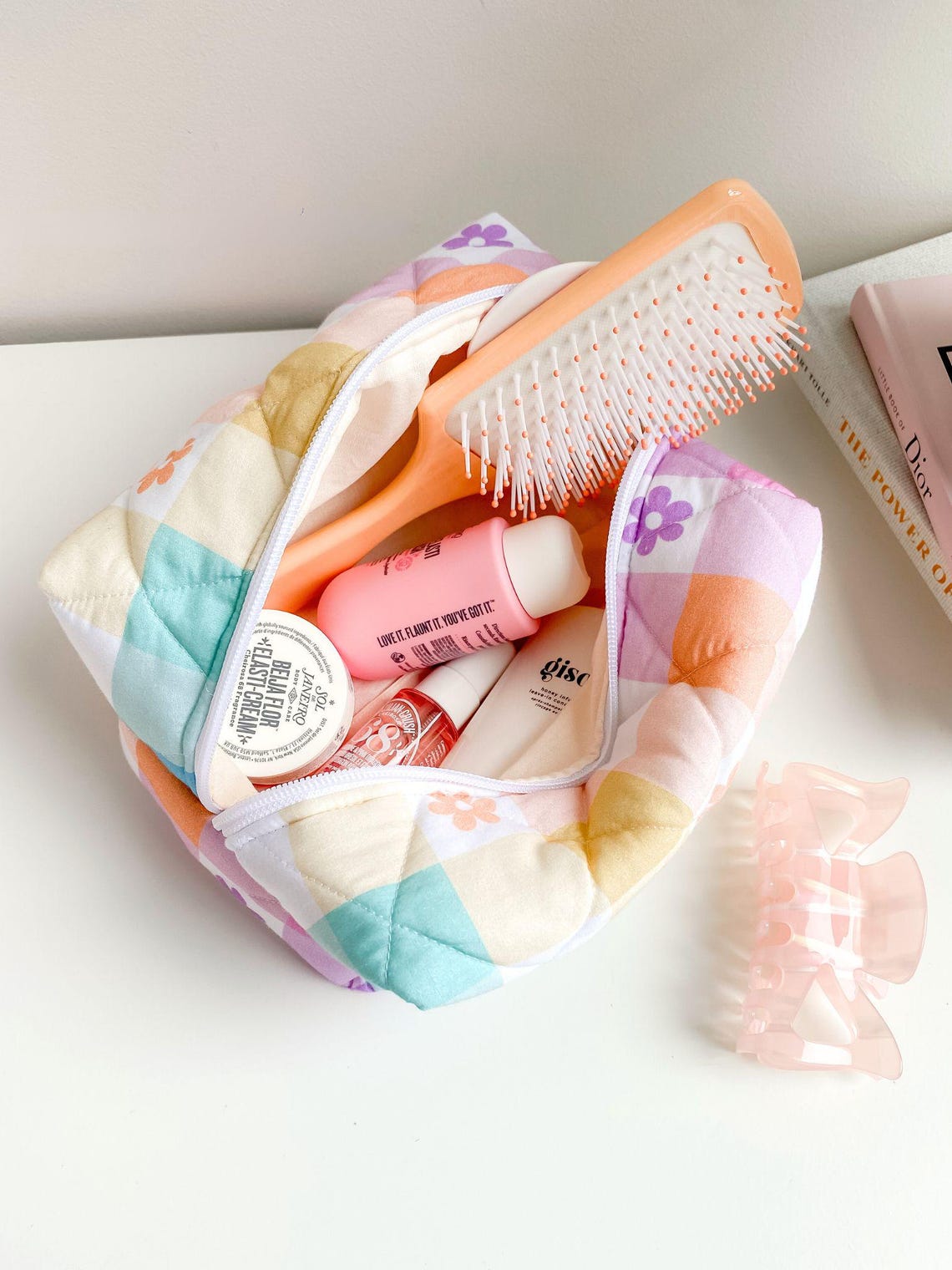 Quilted Rainbow Checkered Makeup Bag, Essential Travel Pouch on the Go ...