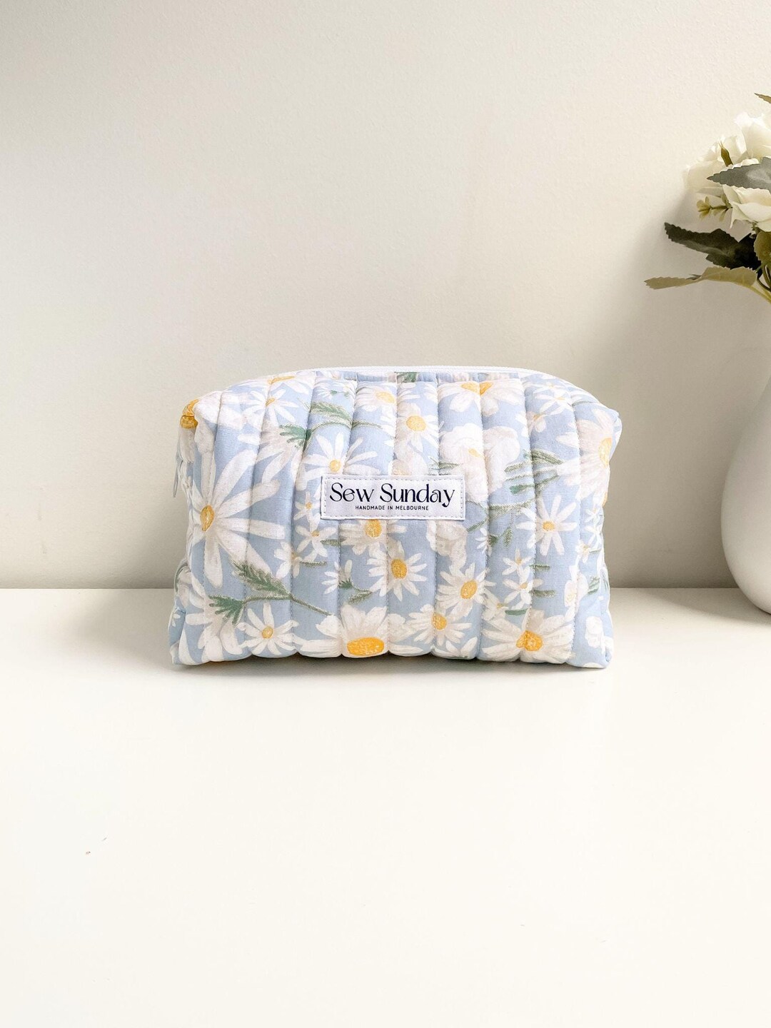 Quilted Light Blue Daisy Makeup Bag, Essential Travel Pouch on the Go ...