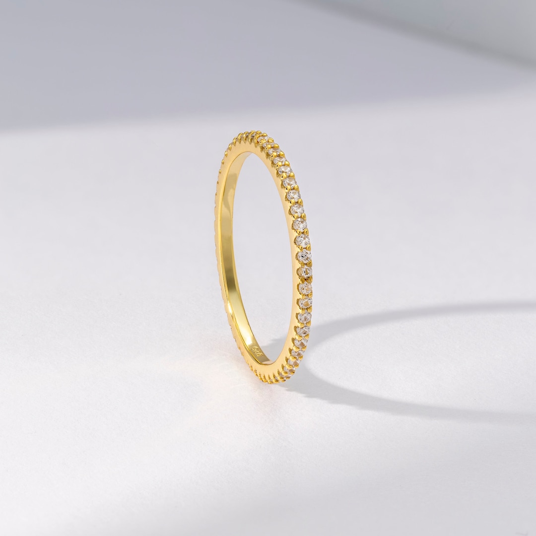 14k Gold Vermeil Dainty Eternity Stacking Ring, Micro Pave Thin ...
