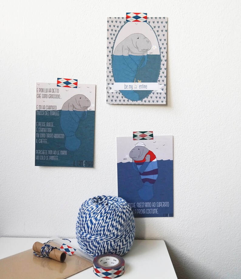 Sad manatee postcard funny sea animal illustration on blue | Etsy