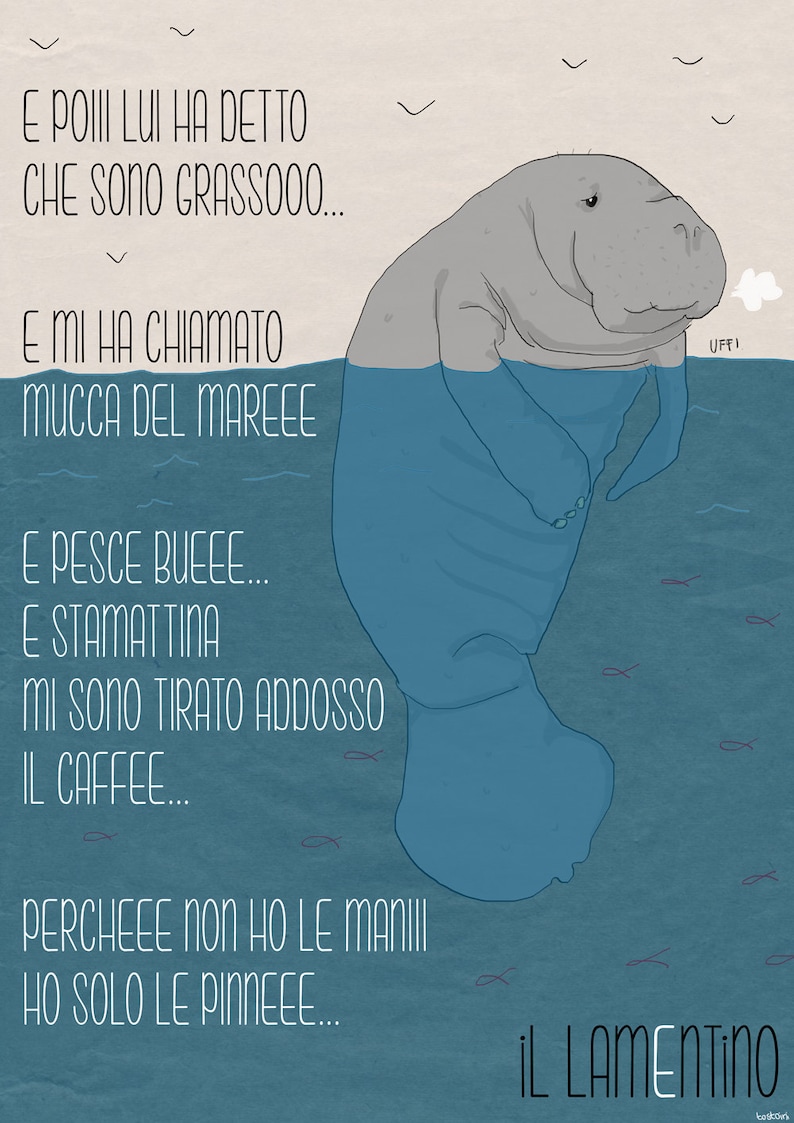 Sad manatee postcard funny sea animal illustration on blue | Etsy