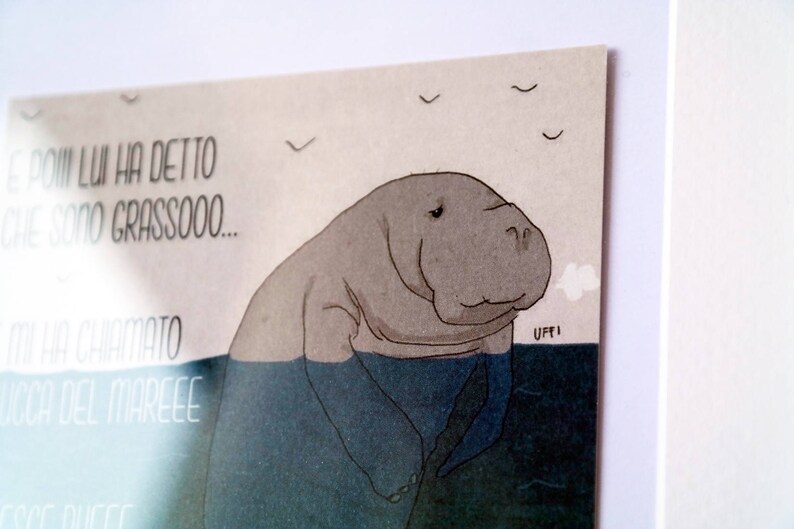 Sad manatee postcard funny sea animal illustration on blue | Etsy