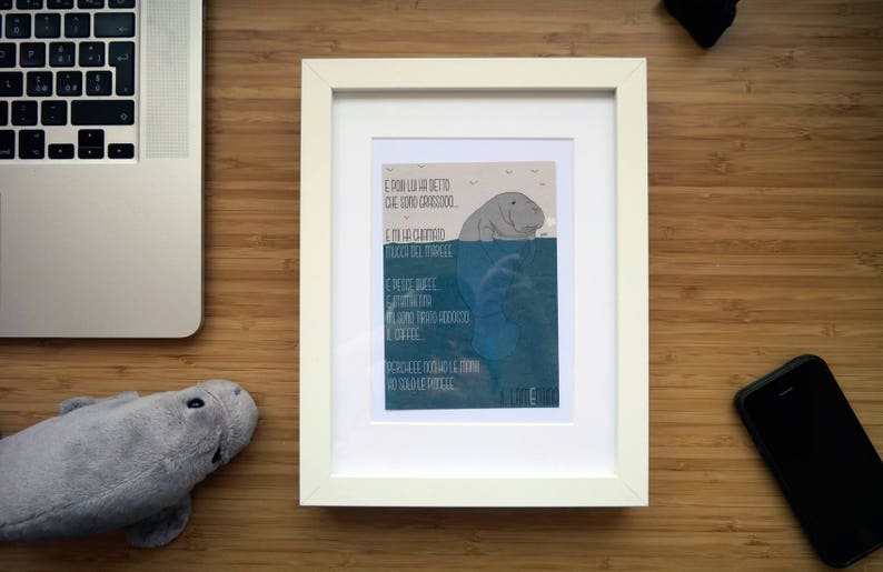 Sad manatee postcard funny sea animal illustration on blue | Etsy