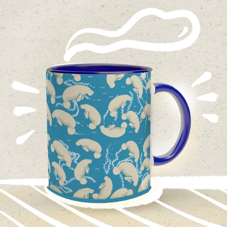 Manatee Pattern Ceramic Mug With Blue Handle and Inside 11oz - Etsy