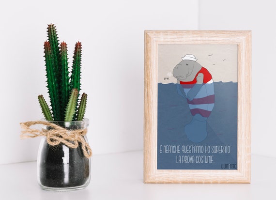 Sad Manatee Illustration Funny Sea Animal Postcard in Nautical | Etsy