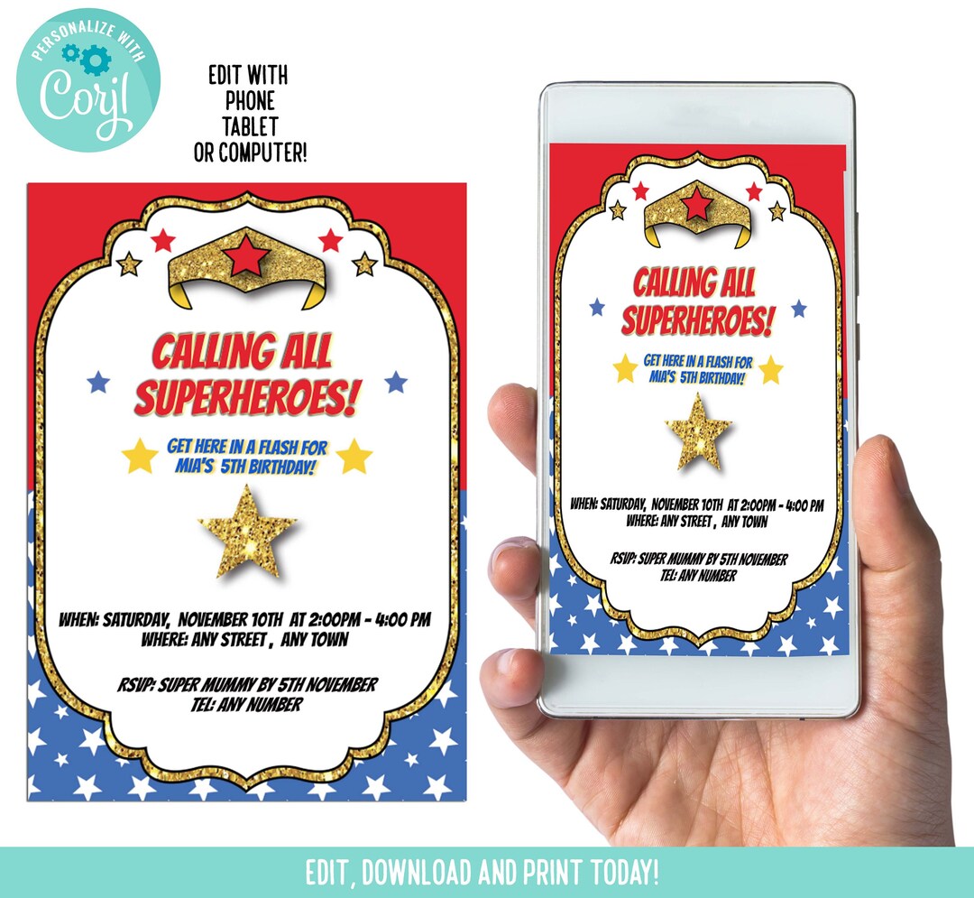 Calling All Superheroes Birthday Party Invitation, Personalised Quickly ...