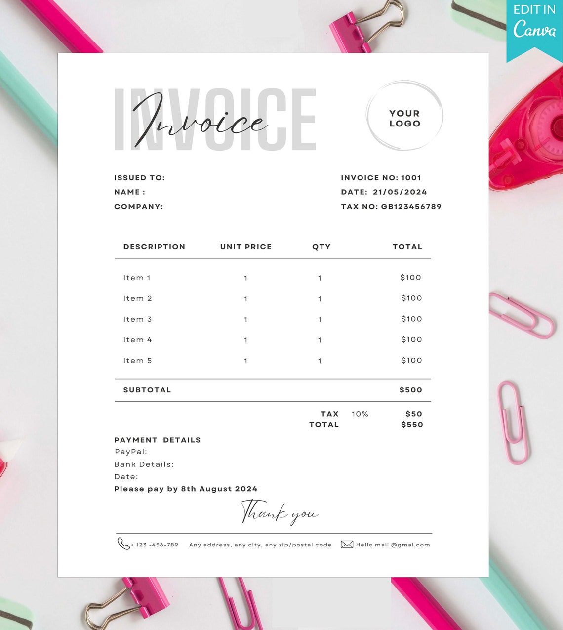 Invoice Editable Template, Printable Order Form Invoice, Digital ...