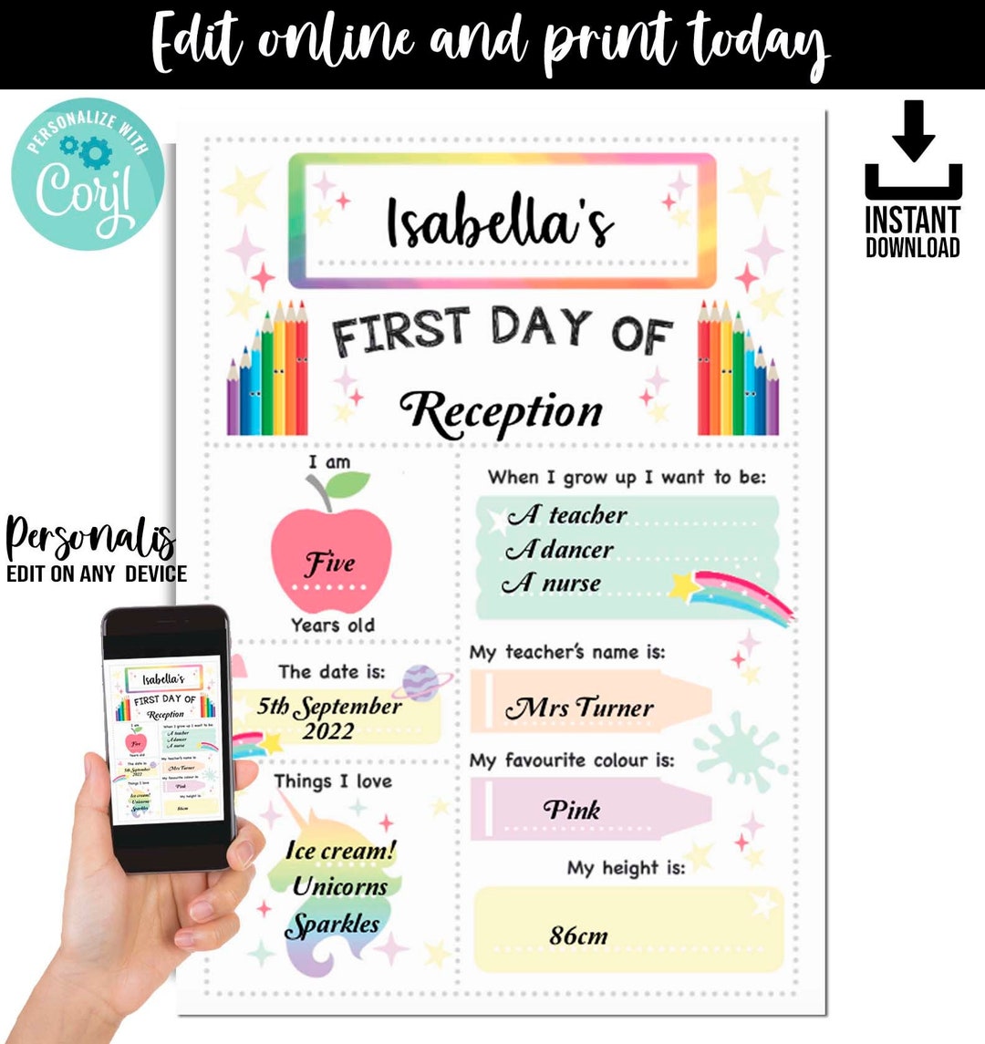 First Day of School, Reception, Kindergarten - A4 Printable Back-to ...