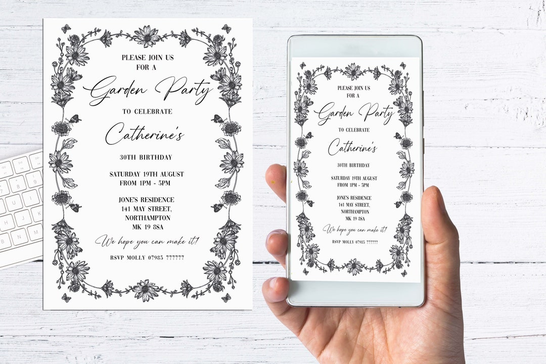 Botanical Garden Party Invitation (black & White) - Personalised and ...