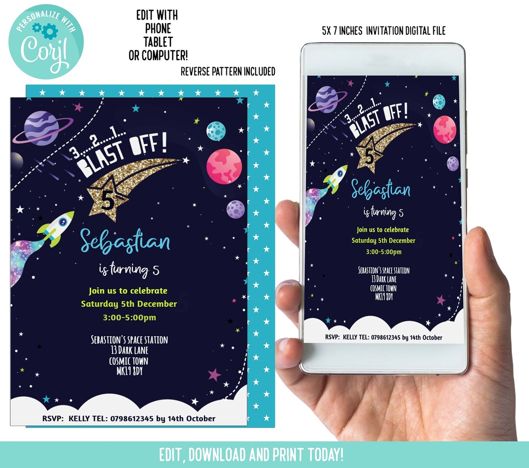 Cosmic Galactic Space Party Birthday Invitation, Personalised Quickly ...