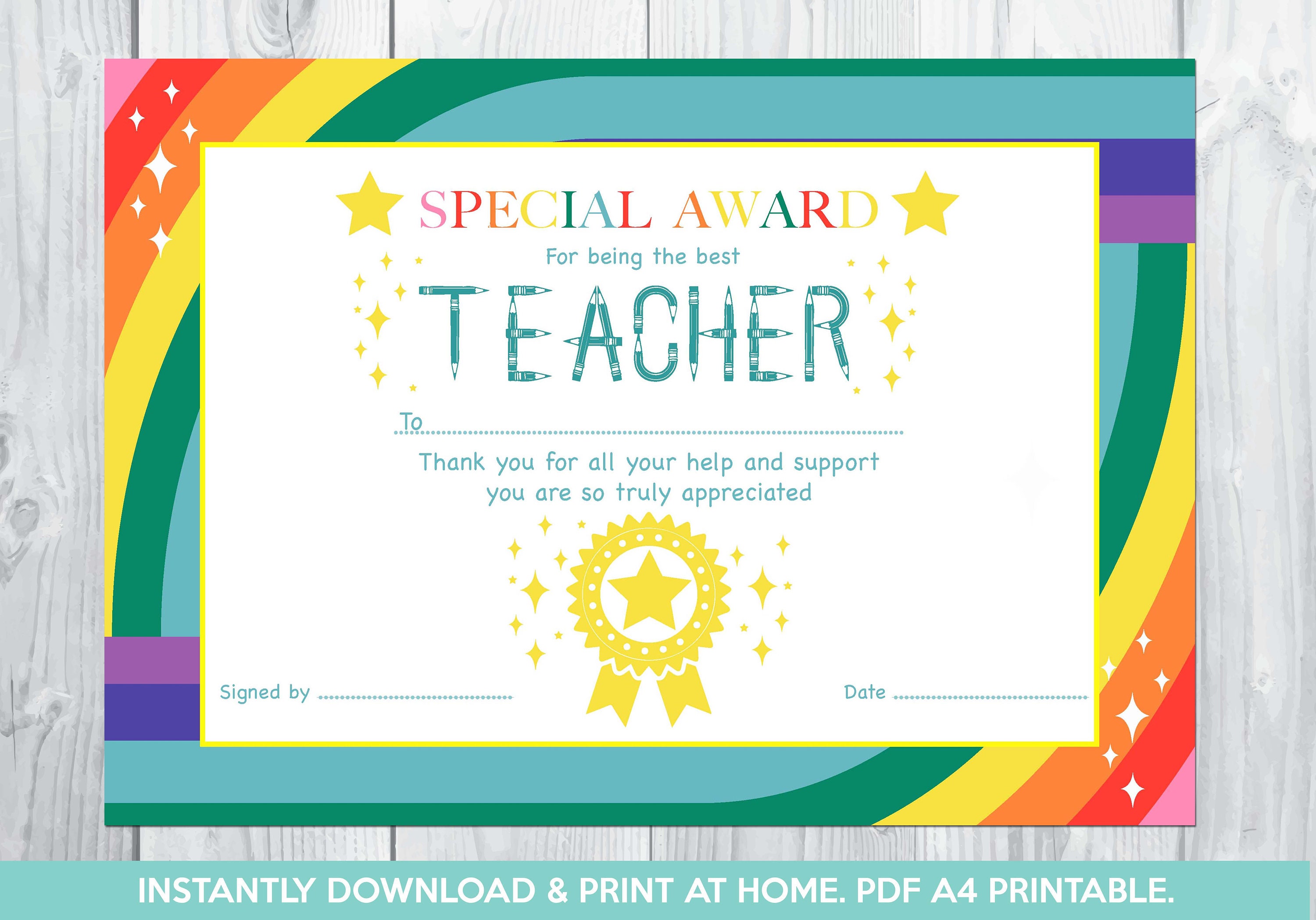 Star Teacher Award , A4 Size, Letter Size Instant Download Teacher ...