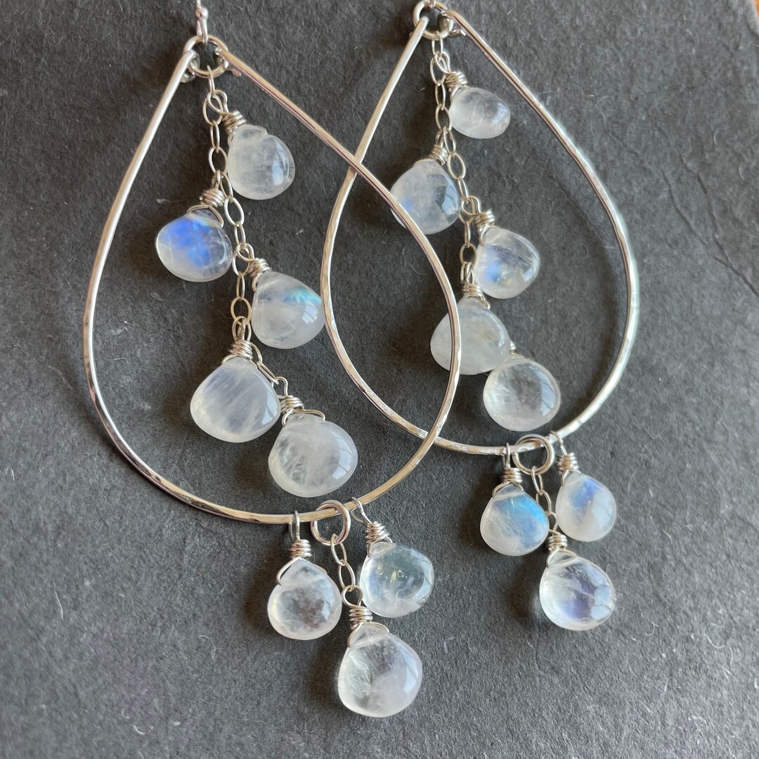 Double Decker Rainbow Moonstone Teardrop Hoops, Sterling Silver ...