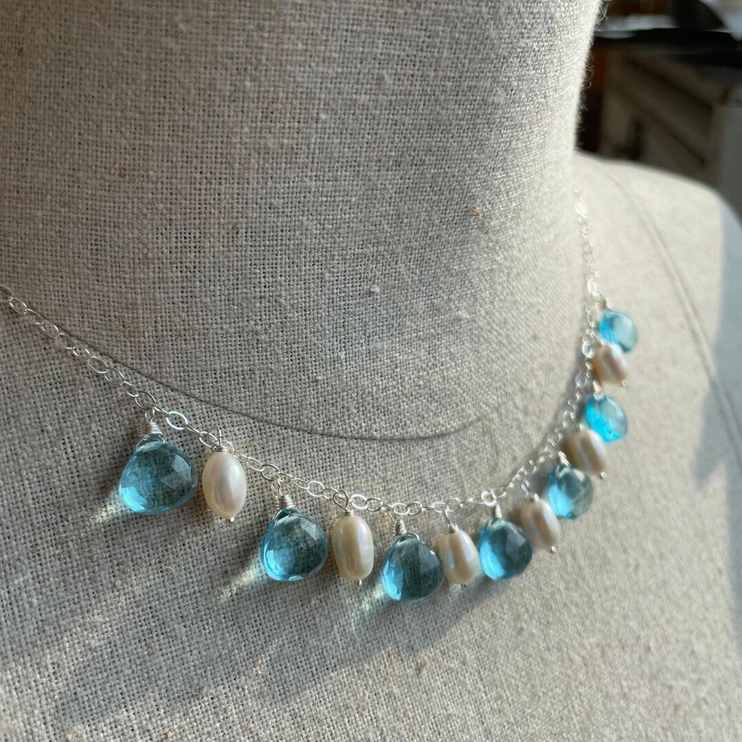 Topaz Blue Quartz and Pearl Necklace, 12mm Stone, Length Options ...