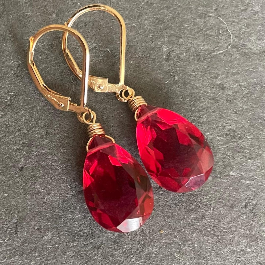 Ruby Red Sparkle Quartz Earrings, Leverback and Metal Options, Dangle ...