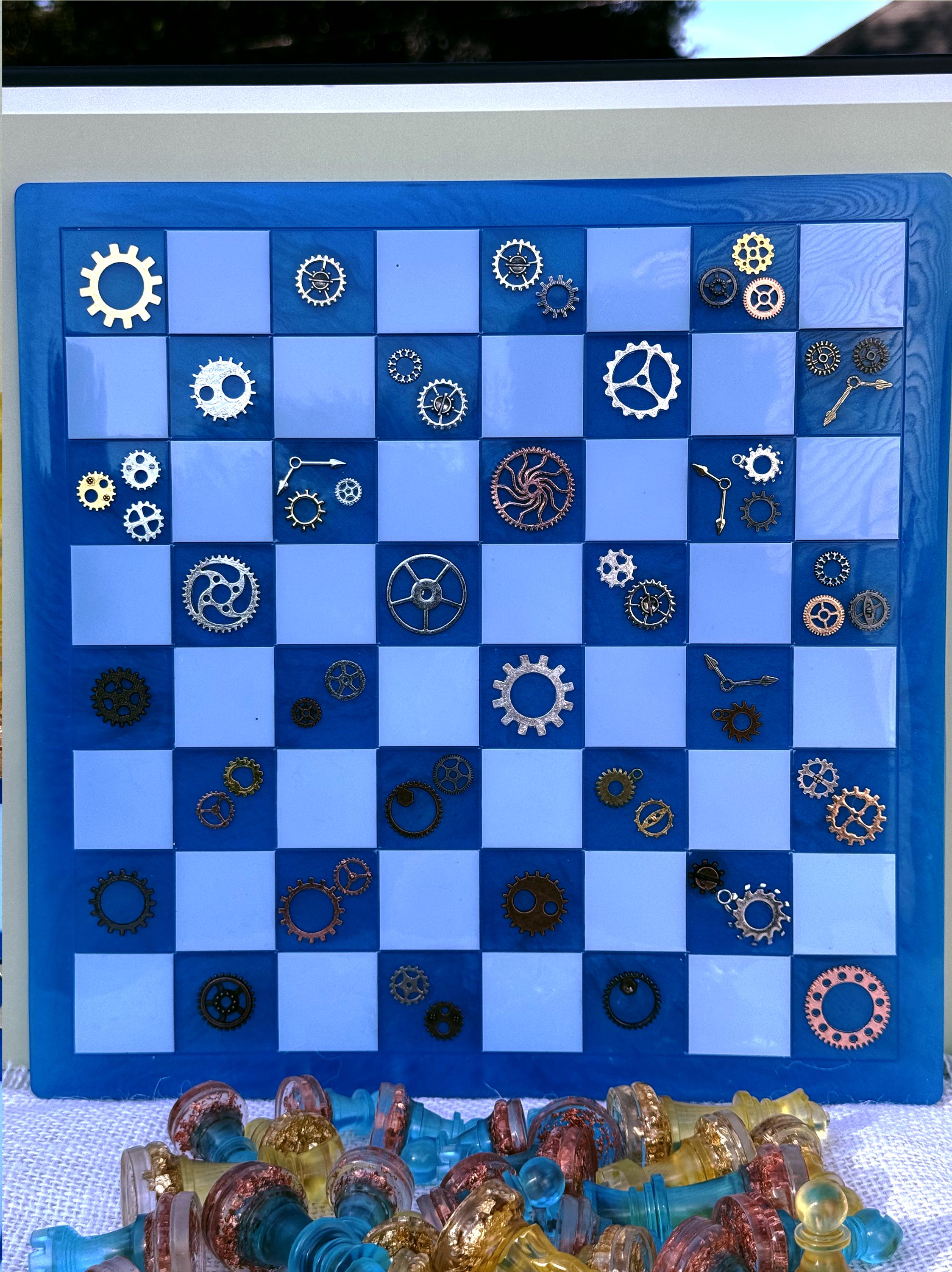 Gear Inspired Chess Set | Sky Blue Checkers Board | Citron Gold and ...