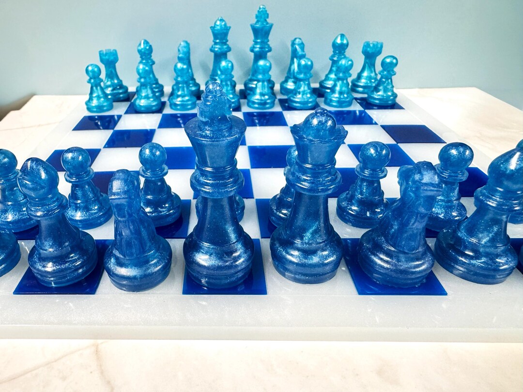 Ocean Blue and White Chess & Checkers Set - Handcrafted Salte Grey and ...