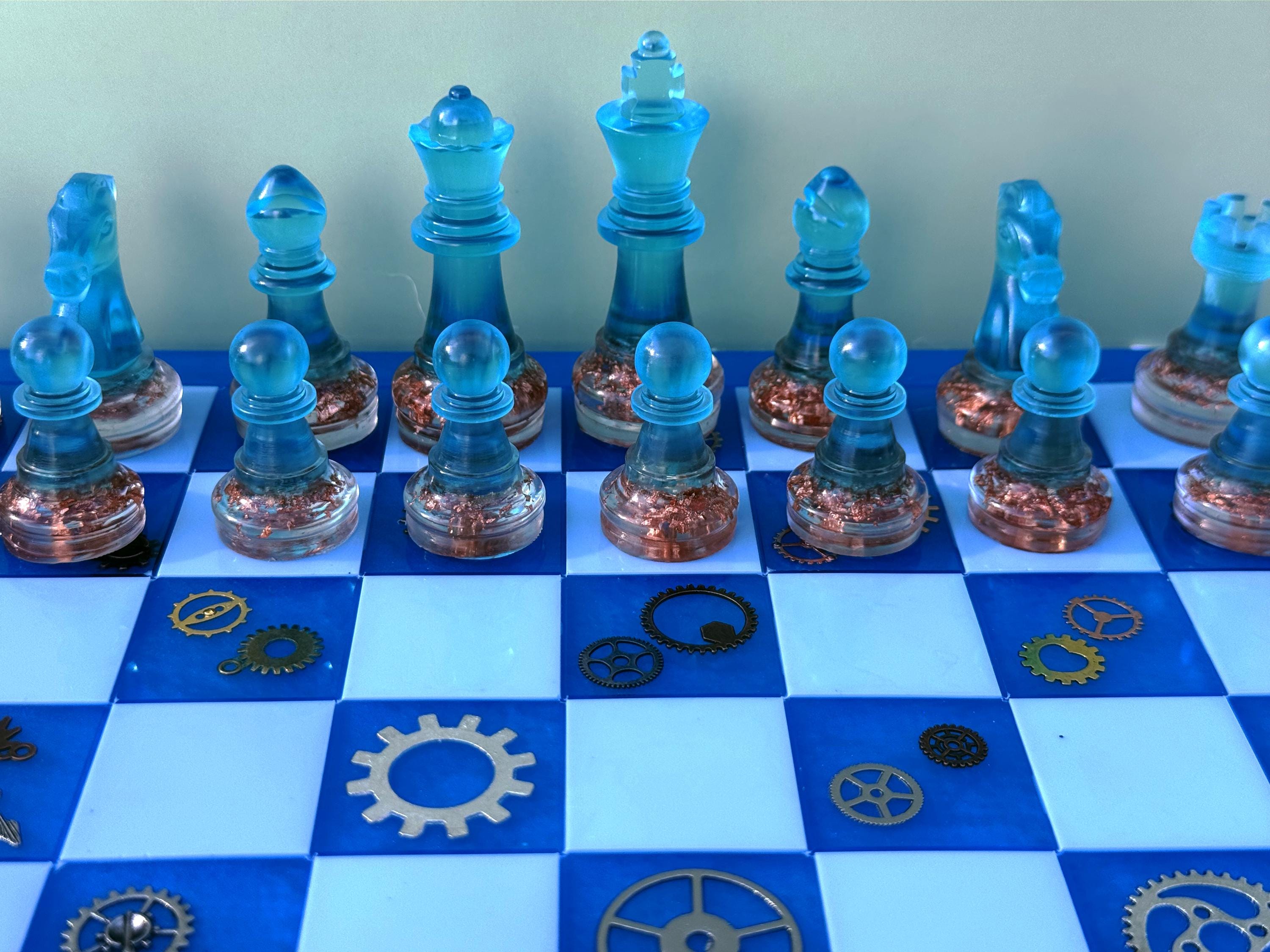 Gear Inspired Chess Set | Sky Blue Checkers Board | Citron Gold and ...