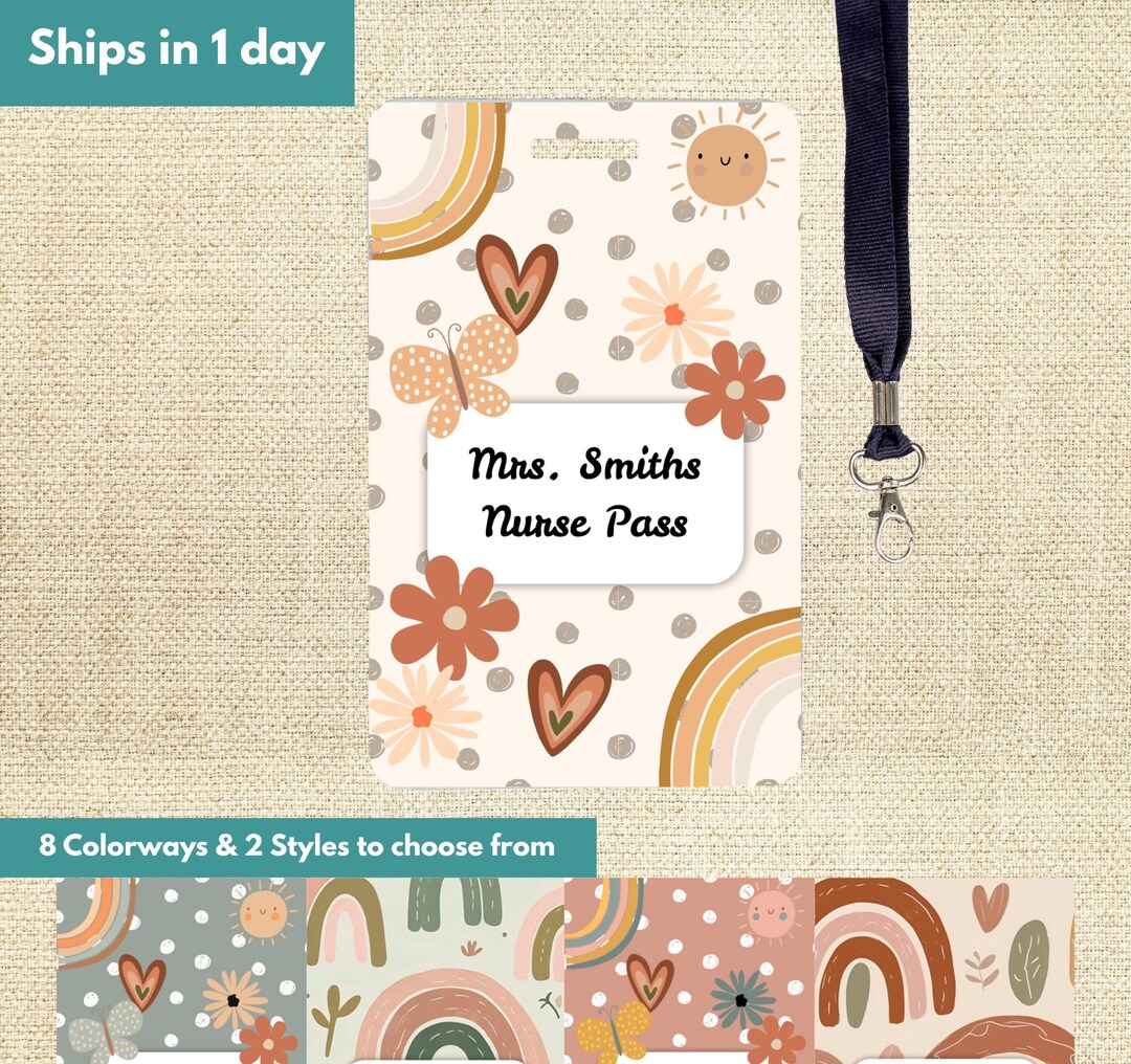 Boho Theme Teacher Hall Pass Lanyard, Personalized Rainbow Bathroom ...