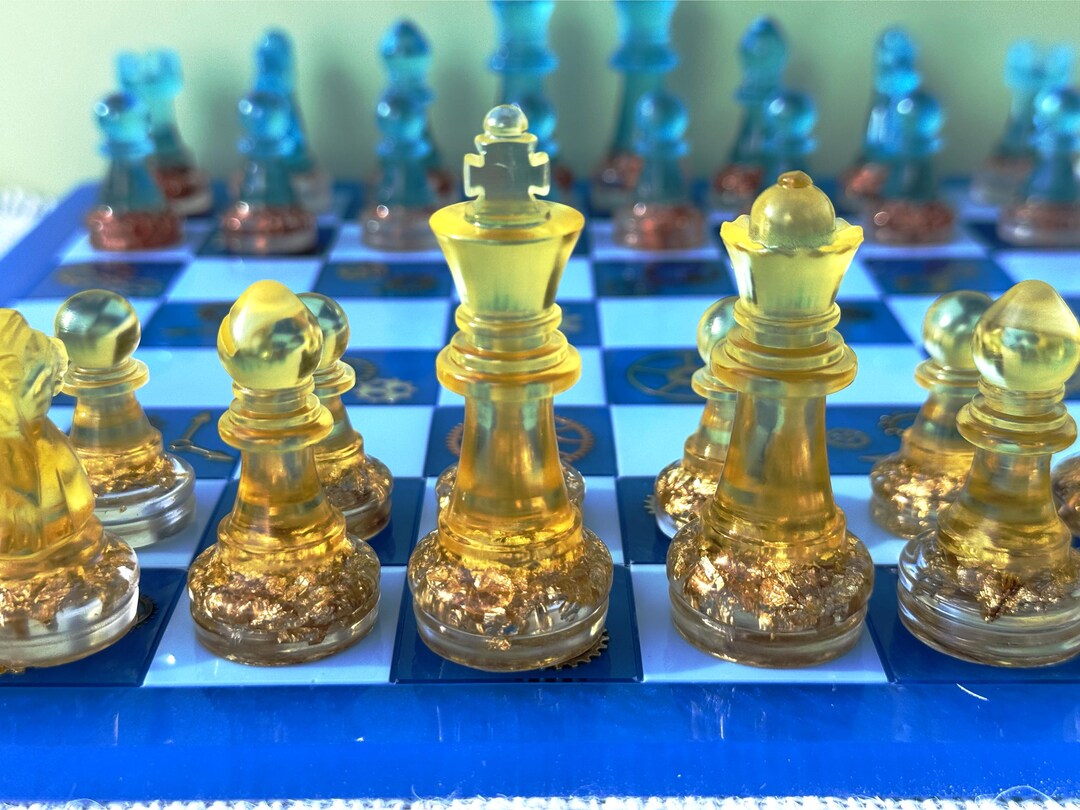 Gear Inspired Chess Set | Sky Blue Checkers Board | Citron Gold and ...