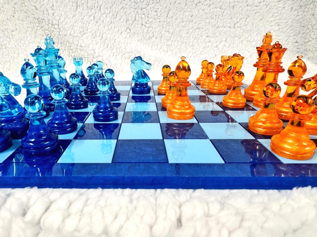 Two Tone Blue Chess & Checkers Set - Handcrafted Resin Board and Blue ...