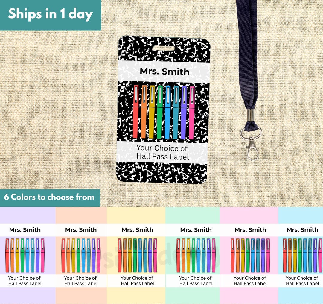 Pastel Flair Pen Teacher Hall Pass Lanyard, Bathroom Pass, Classroom ...