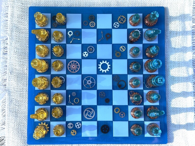 Gear Inspired Chess Set | Sky Blue Checkers Board | Citron Gold and ...