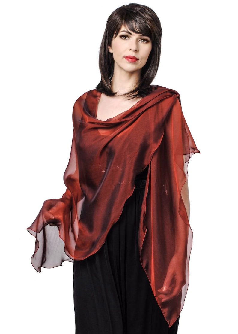 Venetian Red Silk Chiffon Drape Triangular Shawl Wrap for Evening Dress ...