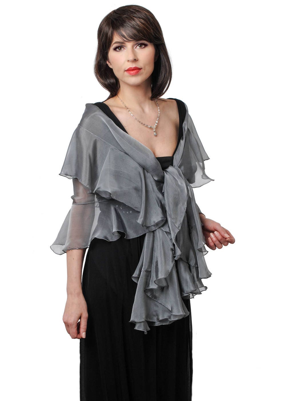 Silver-grey Silk Chiffon Ruana /wrap With Ruffles - Etsy