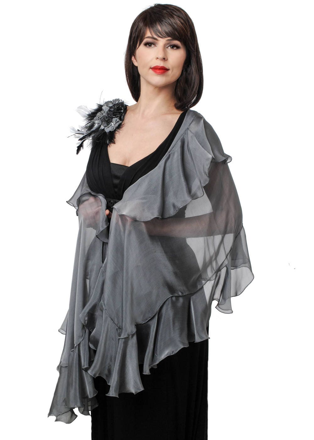 Silver-grey Silk Chiffon Ruana /wrap With Ruffles - Etsy