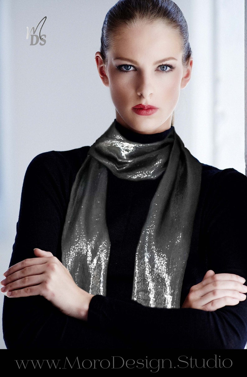 Silver-on-black Metallic Scarf With Tapered Ends (silk/ Lurex Blend ...