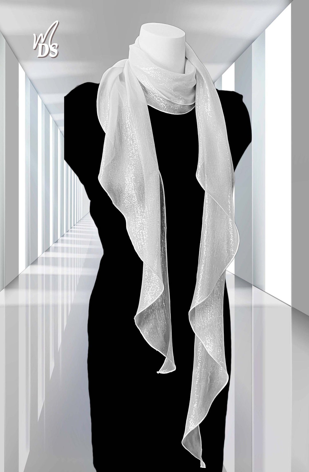 Silver-on-white Metallic Scarf With Tapered Ends (silk/ Lurex Blend ...