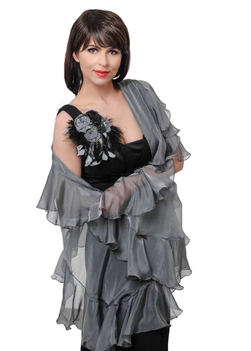 Silver-grey Silk Chiffon Ruana /wrap With Ruffles - Etsy