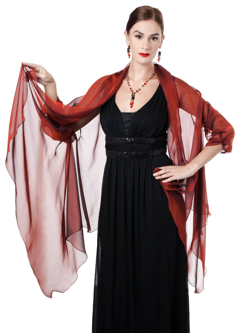 Venetian Red Evening Silk Chiffon Stole/ Wrap/ Shawl With Semi-sleeves ...