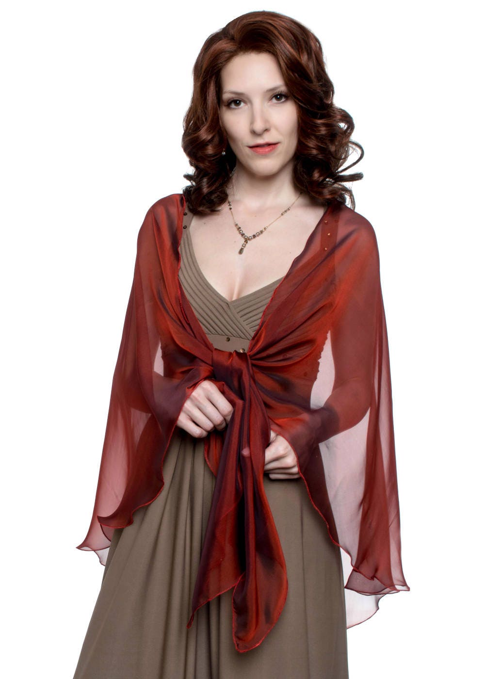 Venetian Red Silk Chiffon Drape Triangular Shawl Wrap for Evening Dress ...