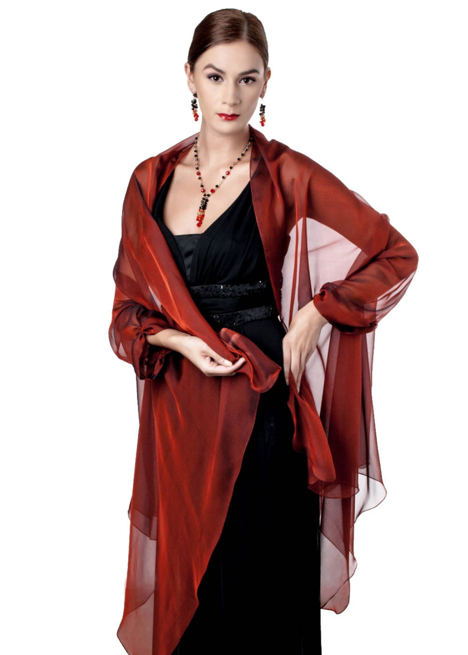 Venetian Red Evening Silk Chiffon Stole/ Wrap/ Shawl With Semi-sleeves ...