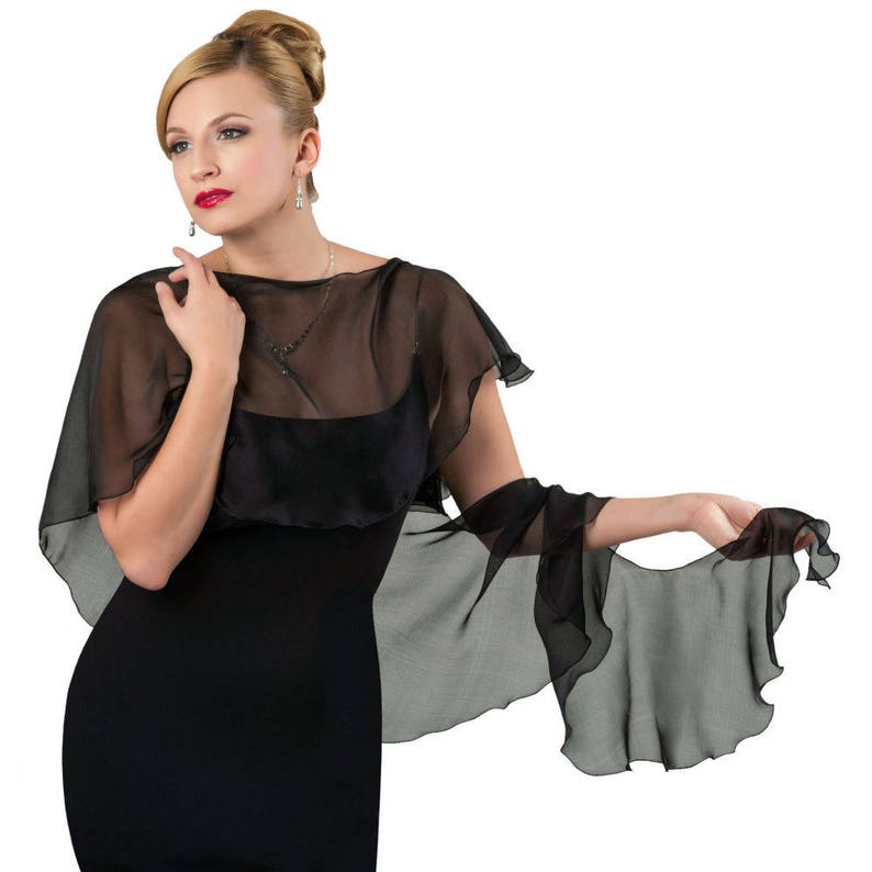 Black Evening Wrap Shawl Scarf Silk Chiffon. Spiral Cut With Tapered ...