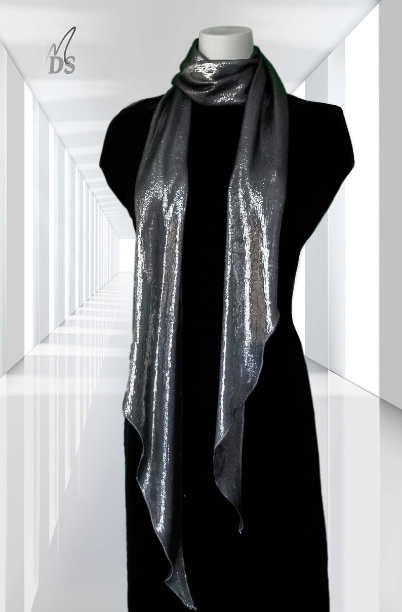 Silver-on-black Metallic Scarf With Tapered Ends (silk/ Lurex Blend ...