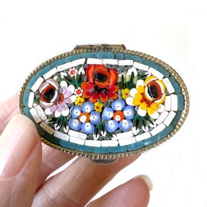 Italian Micro Mosaic Lidded Pill Box With Decorative Silver-tone Design ...