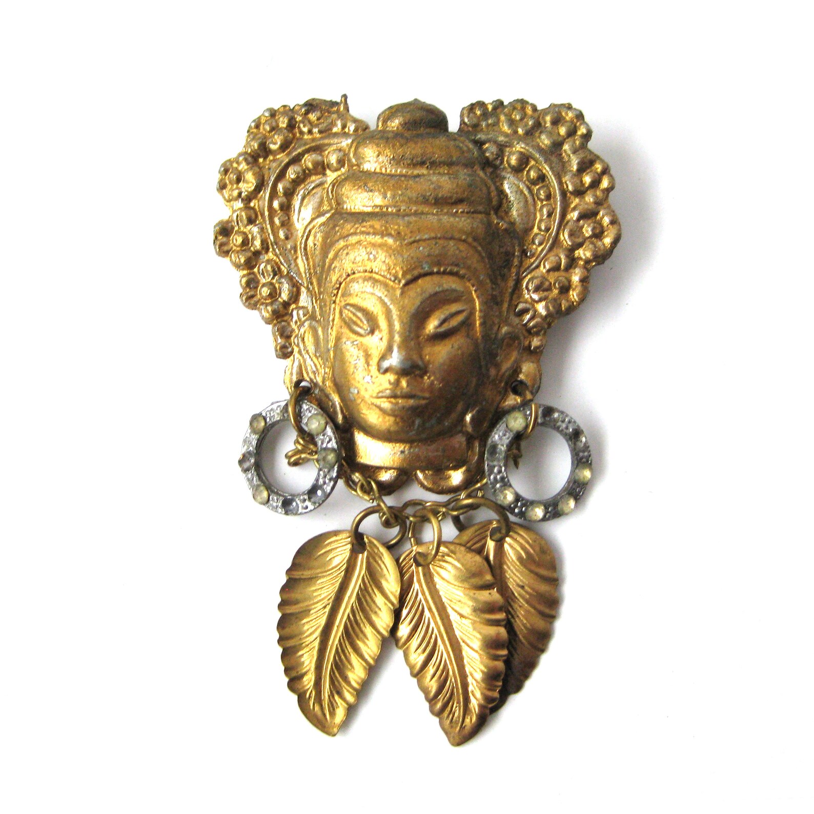 Asian Style Buddha Face Pin Gold Tone Brooch With Rhinestone | Etsy
