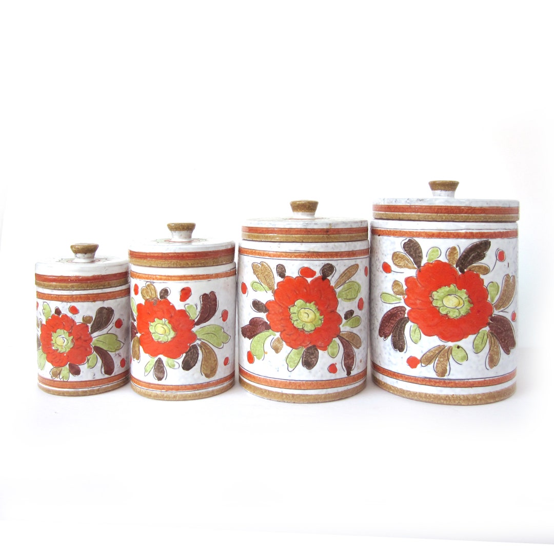 Mid-century Italian Ceramic Canister Set: Orange Floral Kitchen Storage ...