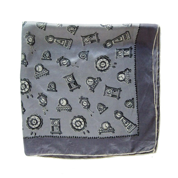 Mid Century Silk Scarf, Clock Theme Illustrated Scarf… - Gem