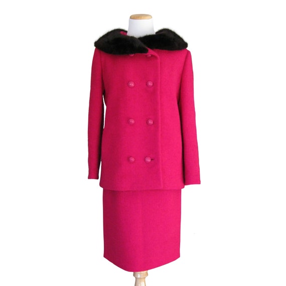 1960s Wool Suit in Raspberry Pink with Mink Collar, S… - Gem