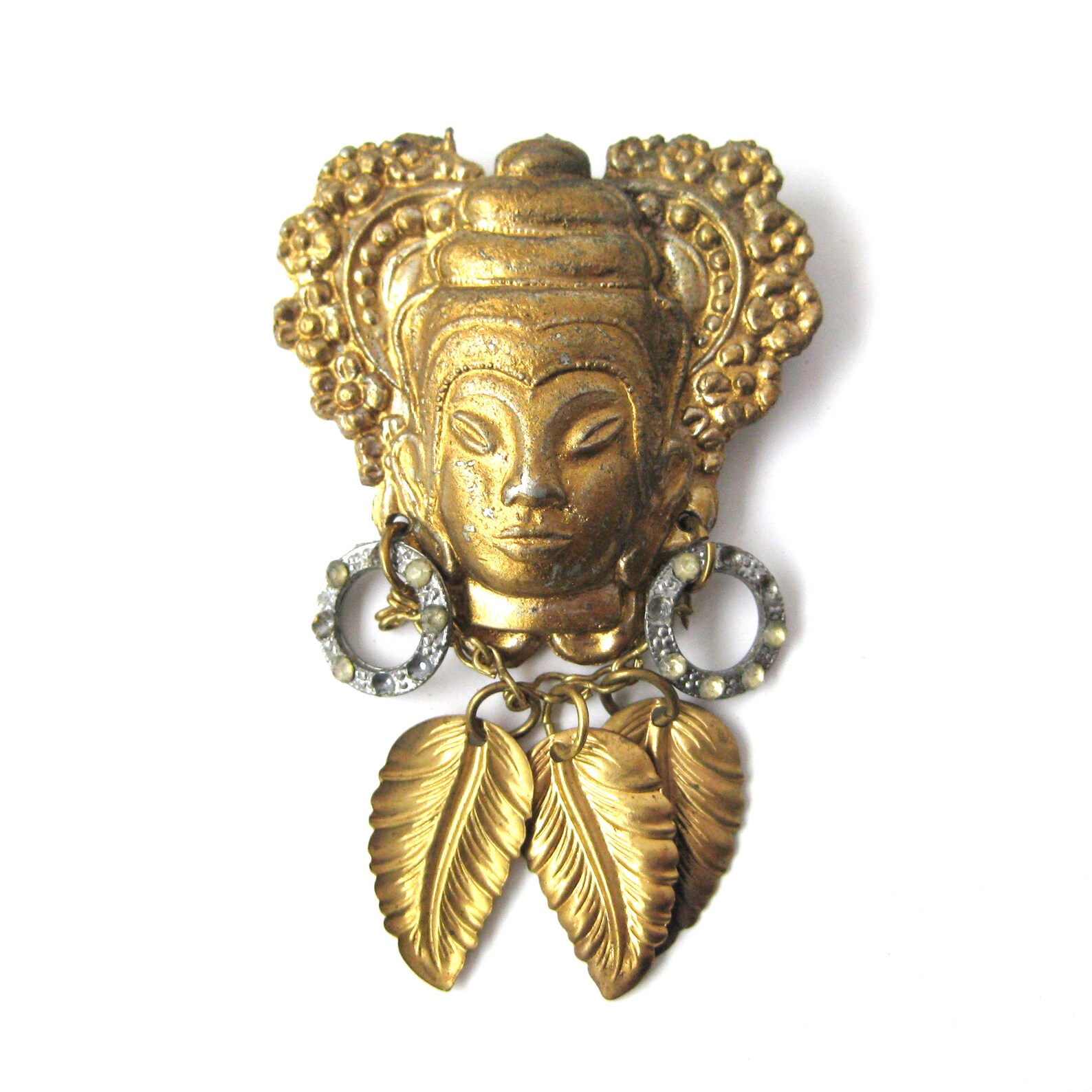 Asian Style Buddha Face Pin Gold Tone Brooch With Rhinestone | Etsy
