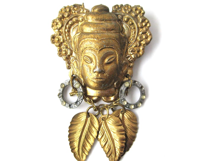 Asian Style Buddha Face Pin Gold Tone Brooch With Rhinestone - Etsy