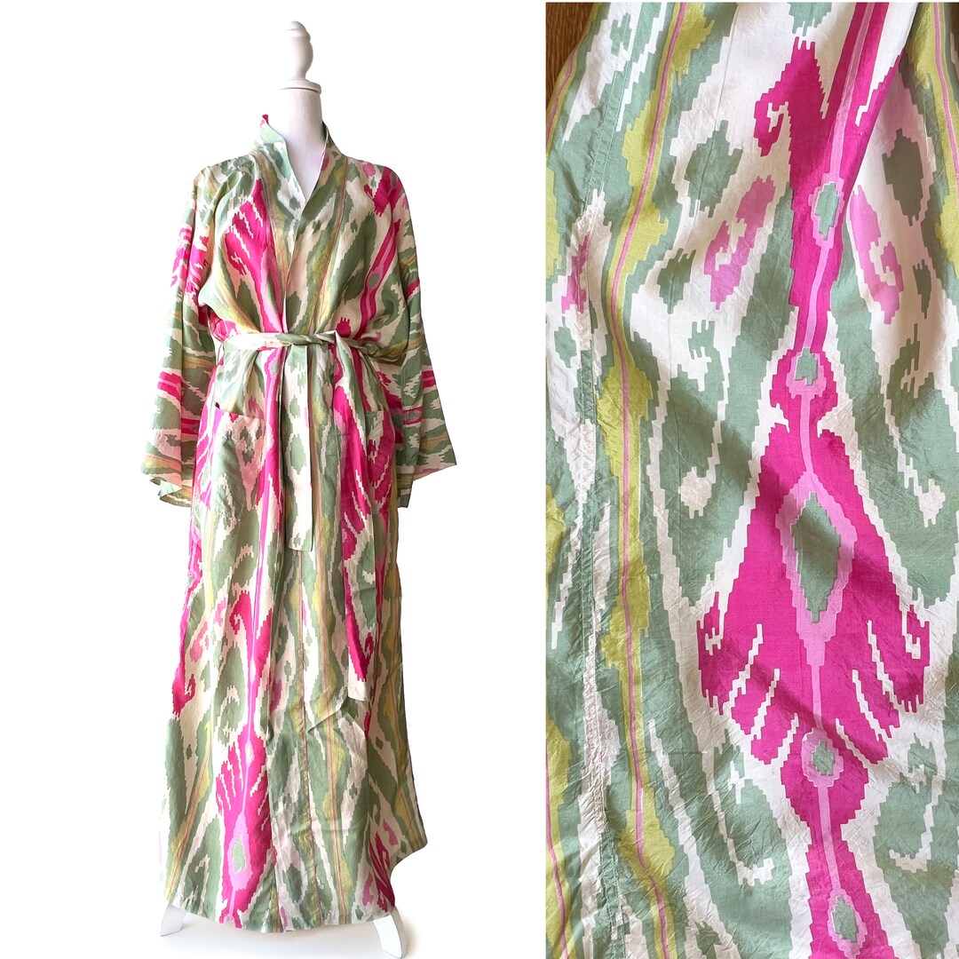 Vintage JIM THOMPSON Kimono Robe, Geometric Ethic Print 100% Thai Silk ...