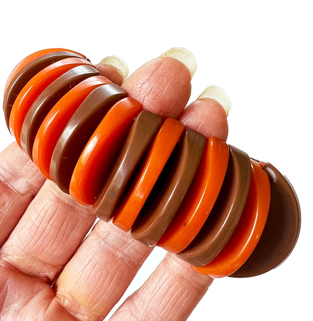 Vintage Two-tone Bakelite Disc Stretch Bracelet, Orange and Brown ...