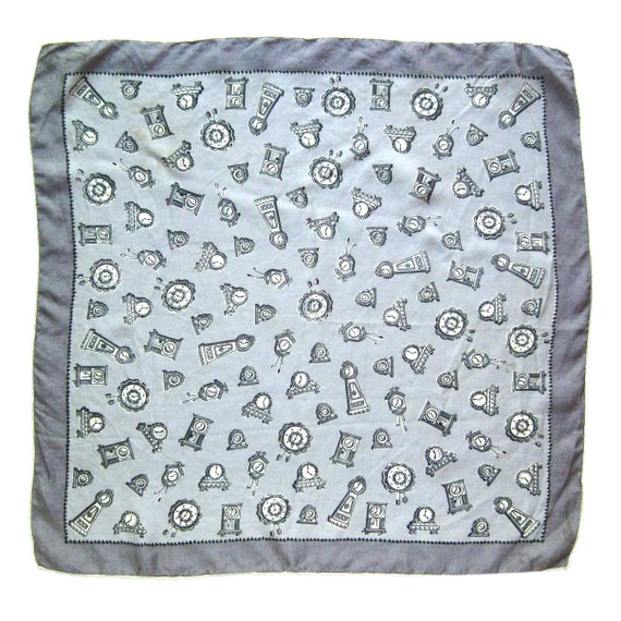 Mid Century Silk Scarf, Clock Theme Illustrated Scarf… - Gem