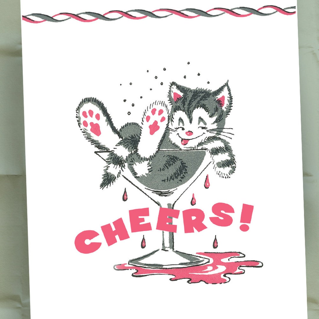 Cheers! Tipsy Kitty New Years Notecards: Vintage Martini Tabby Cat ...